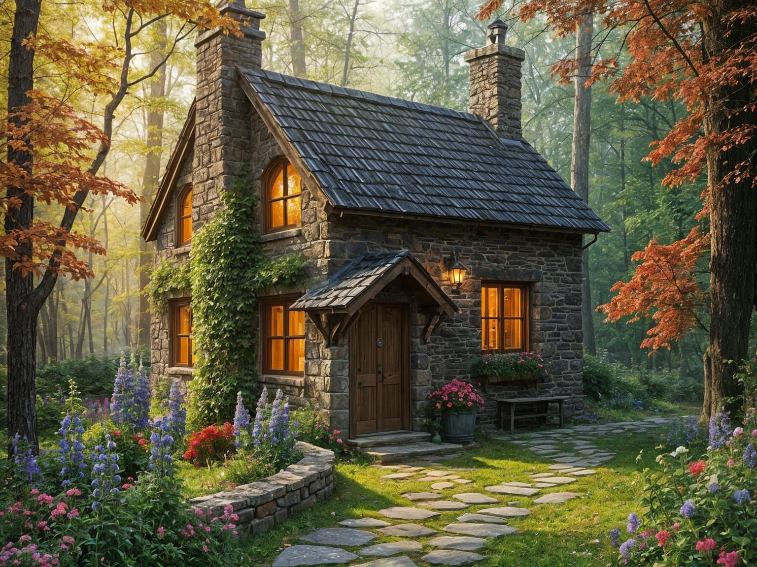 Cozy Stone Cottage in Vibrant Forest, Radiant with... - AI Art