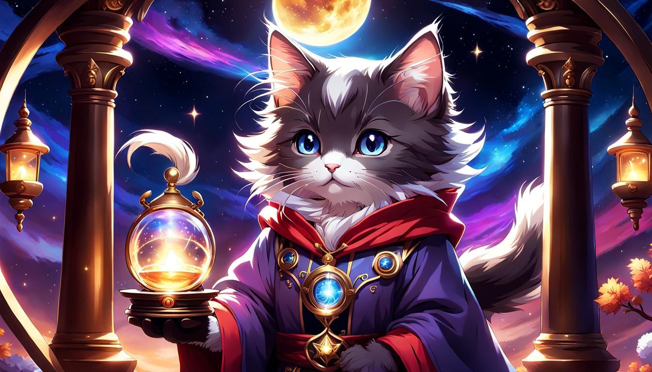 Fluffy majestic kitten in mage attire holding a magical lantern - AI ...
