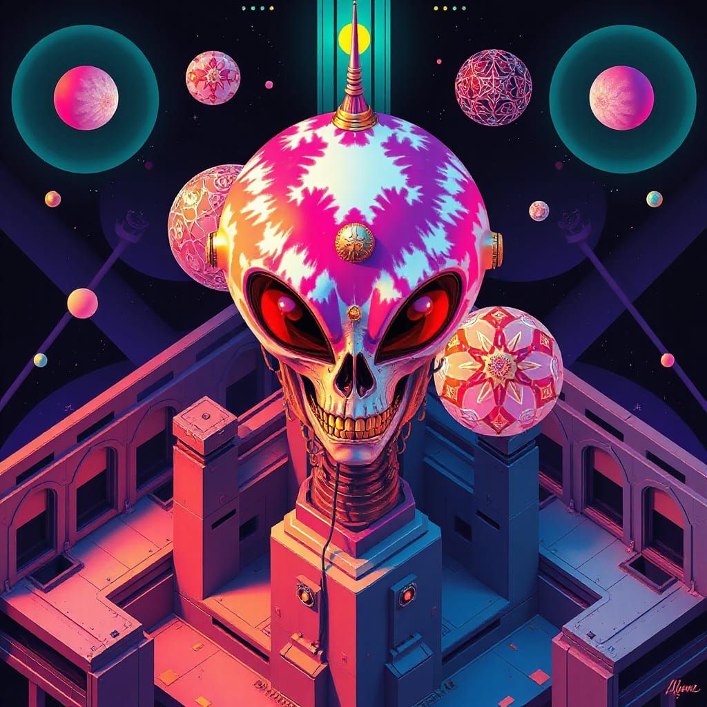 Symmetrical Retro-Futuristic Alien in Bright Geome... - AI Art