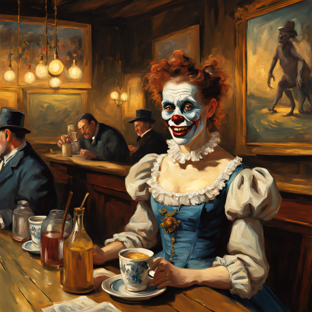 Impressionist Pub Scene with Zombie Monkey Monster... - AI Art