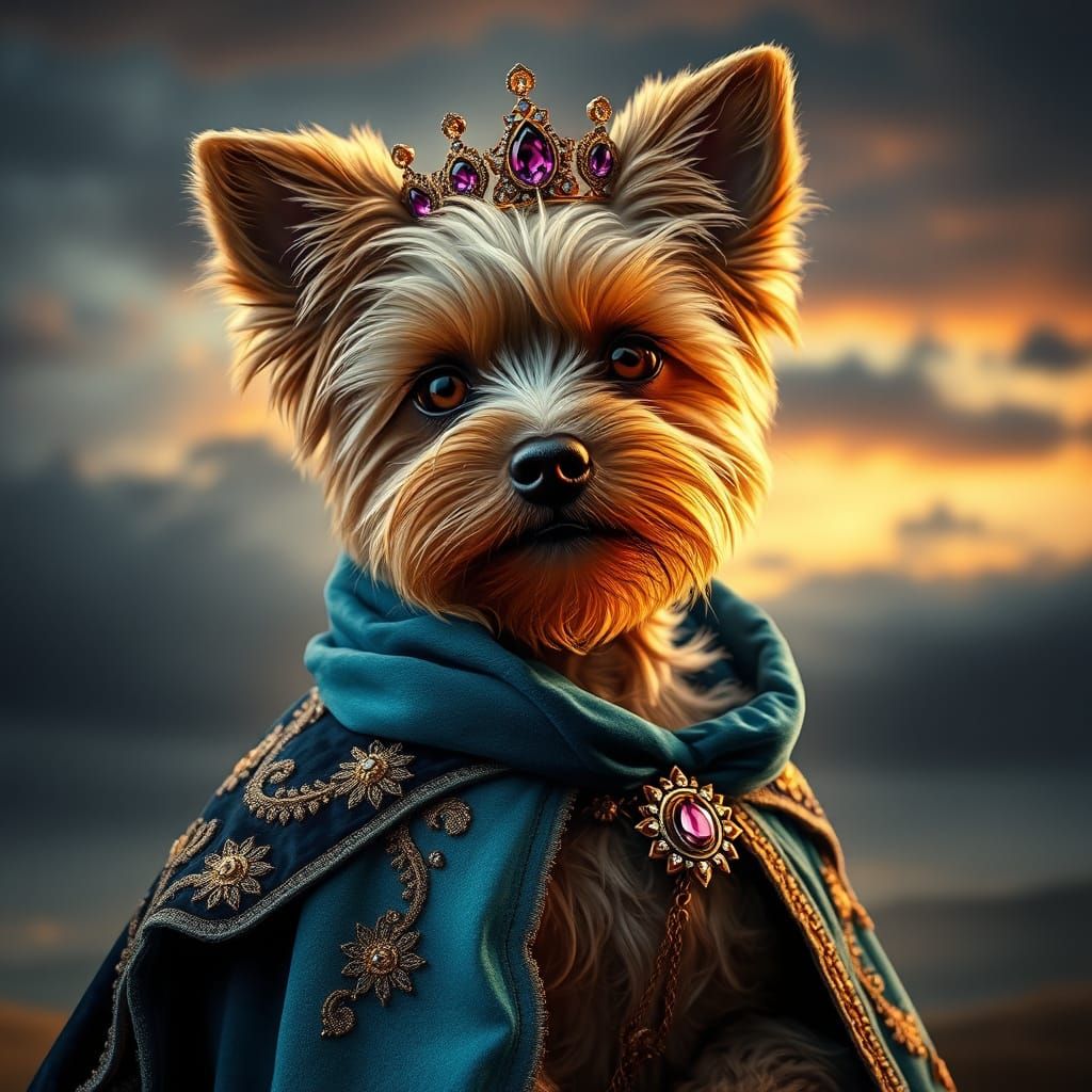 A female yorkshire terrier dressed as a majestic and stunning queen ...