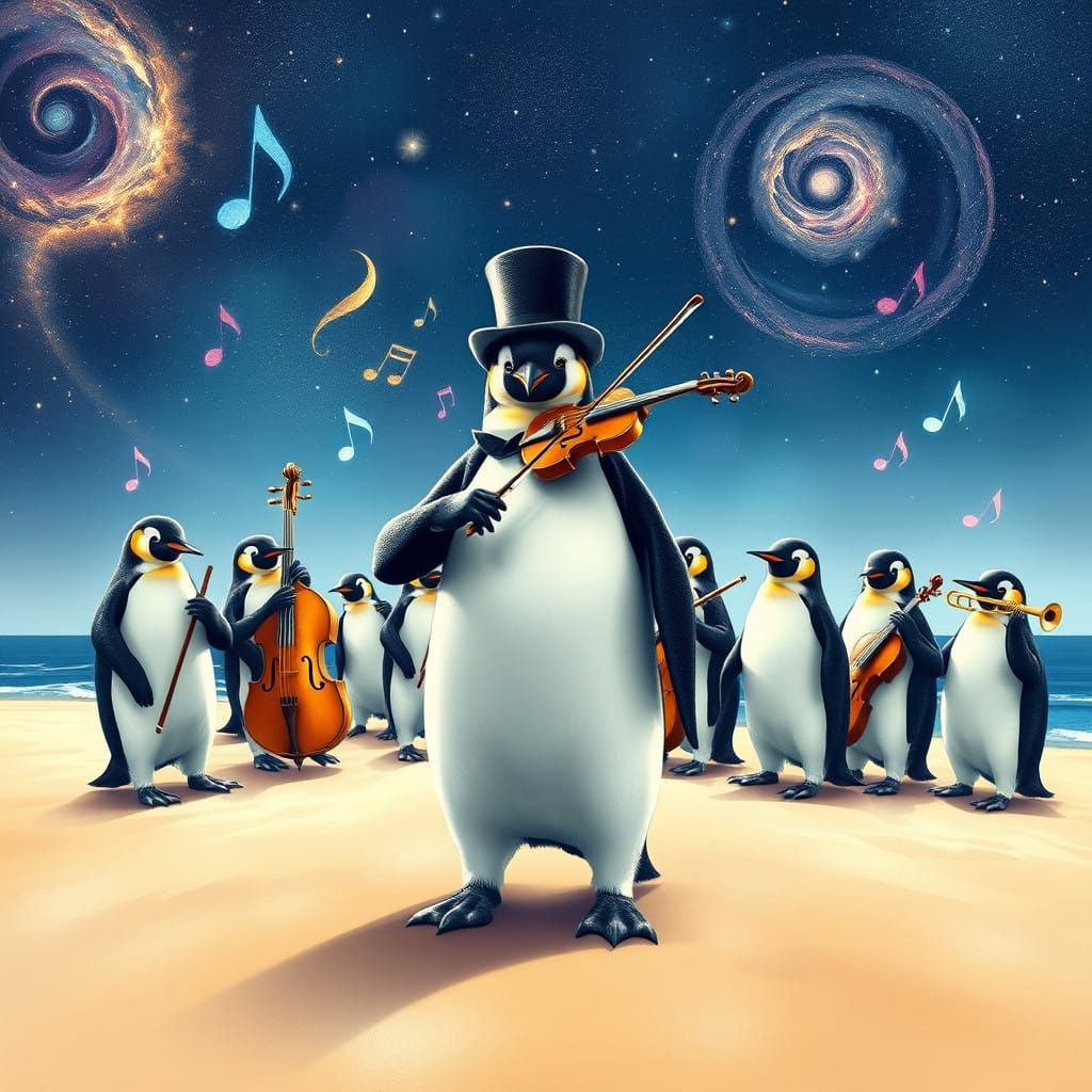 Penguin maestro playing a violin with his Orchestra of Penguins behind ...