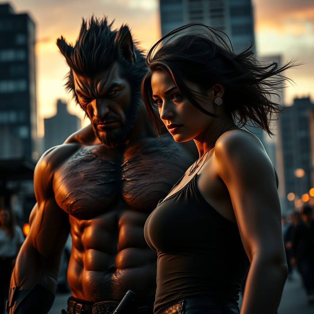 Buff man, werewolf, woman, city - Epic Cityscape Werewolf Tr...