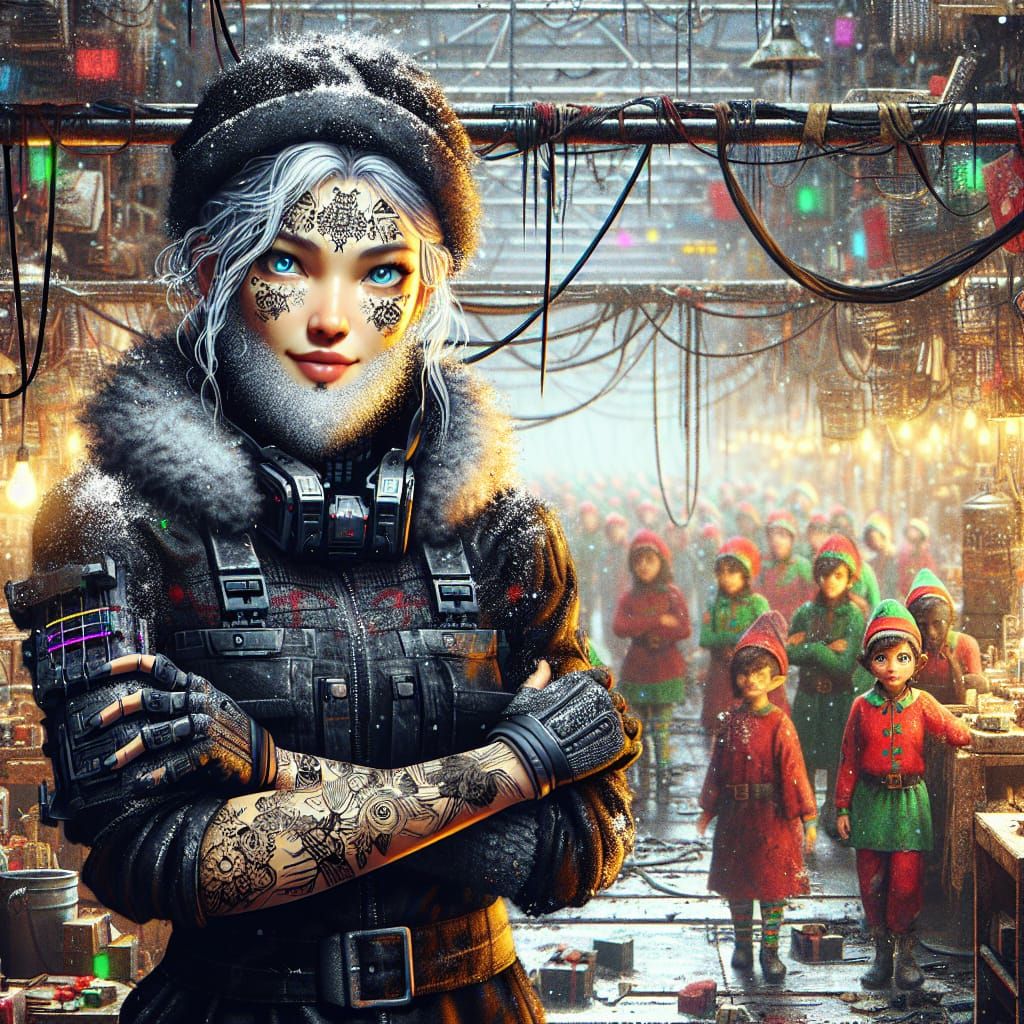 Portrait of a gritty cyberpunk, beautiful Mrs. Santa Claus, inspired by ...
