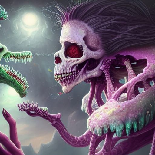 A skeleton with a weird creature - AI Generated Artwork - NightCafe Creator