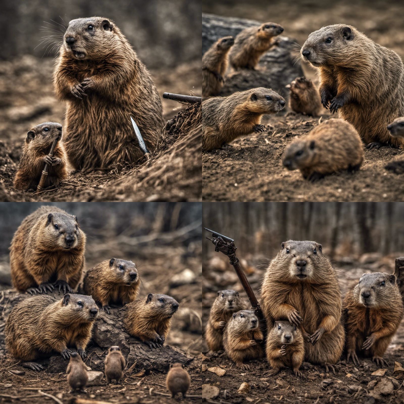 Groundhog warriors gathering, archaic weapons around, small and large ...