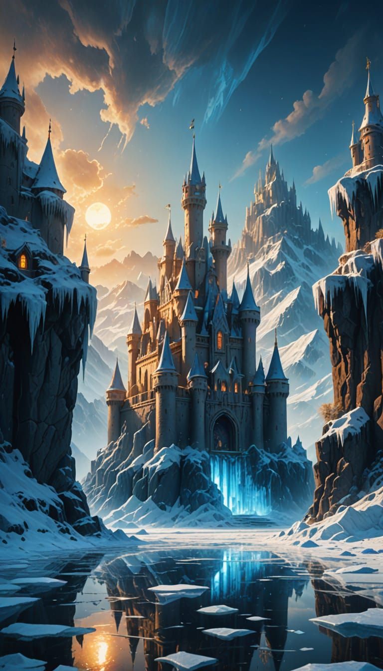 a castle in the middle of ice - Ethereal Castle Amidst Frost...