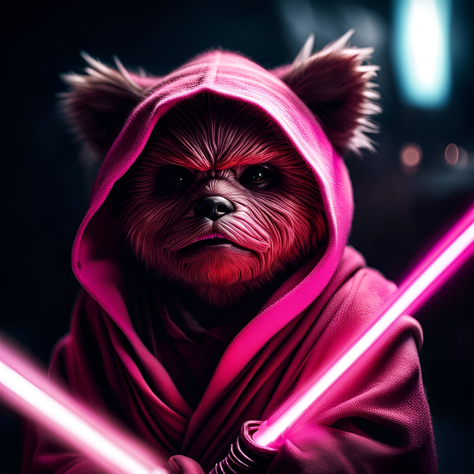 Photograph Portrait of a real Charged Ewok Sith excited glowing eyes, holding a glowing pink ...