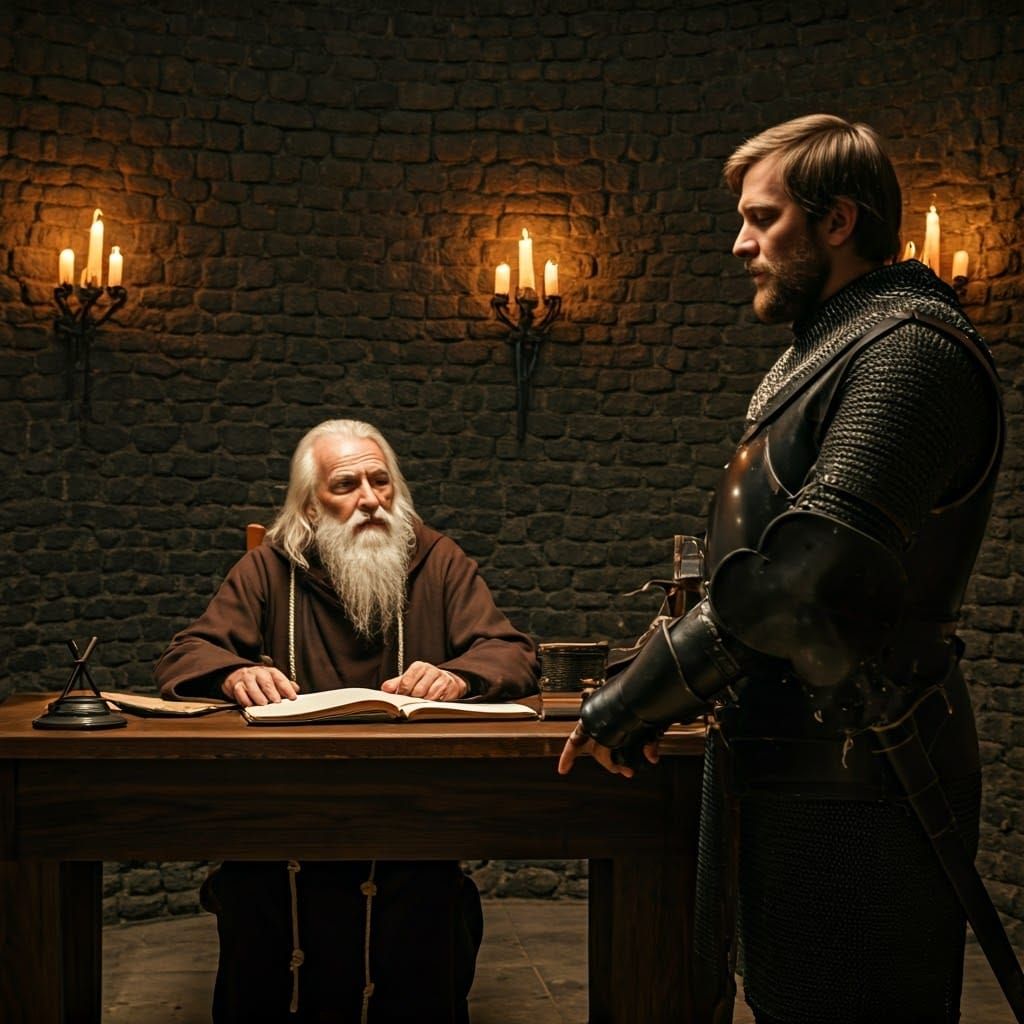 Medieval Wizard Ignoring Annoyed Commander in Dark... - AI Art