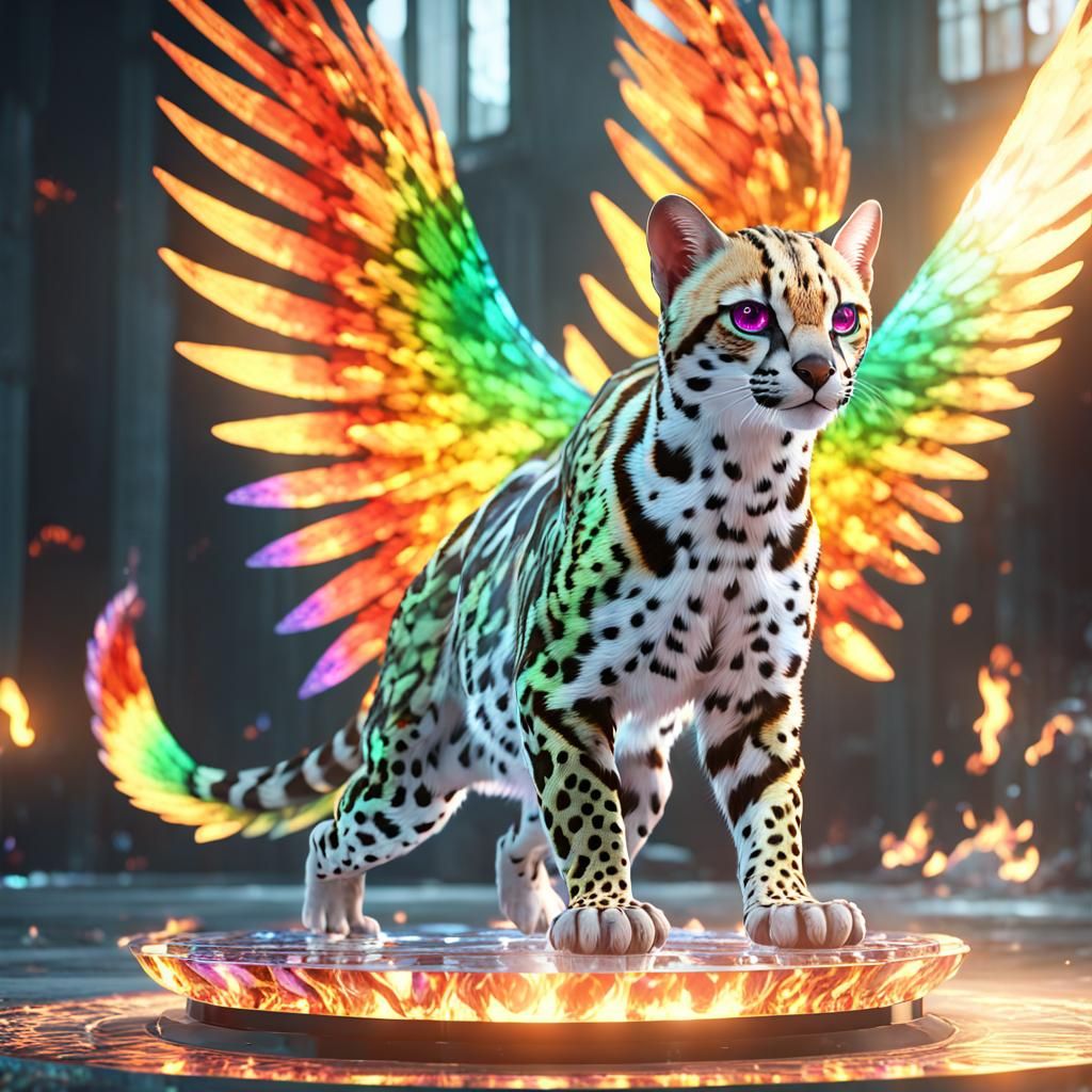 Fiery rainbow ocelot with huge wings, standing on a crystal platform ...