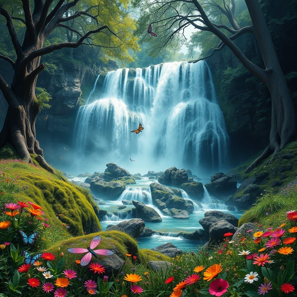 Hyper realistic beautiful very high waterfall with several cascades ...