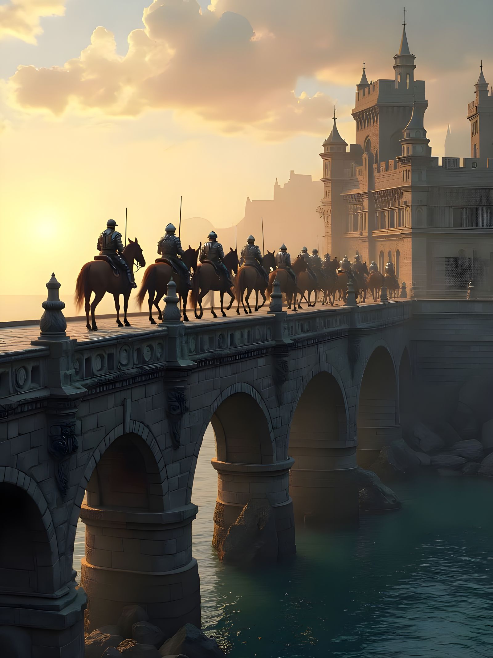 A beautiful majestic stone bridge in medieval times with soldiers with ...