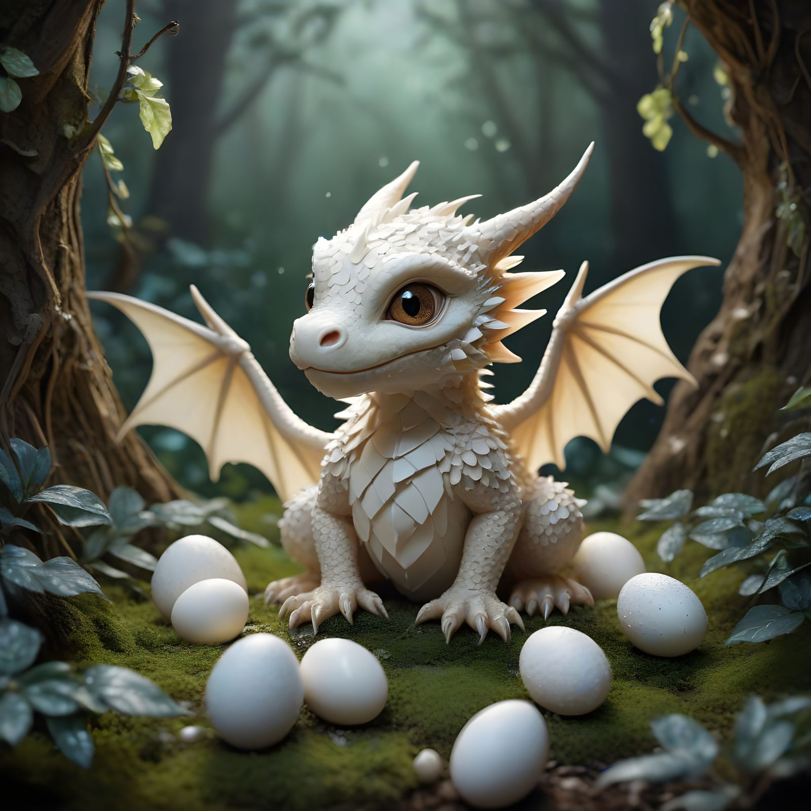 Hatchling - Mystical Dragon Hatchling in a Misty Moonlit For...