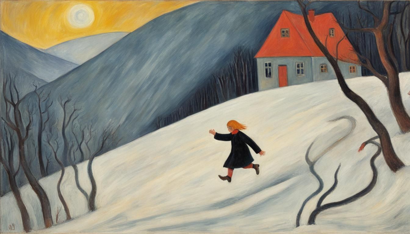 nancy drew screaming at beasts running down a hill. a demon boy is on ...