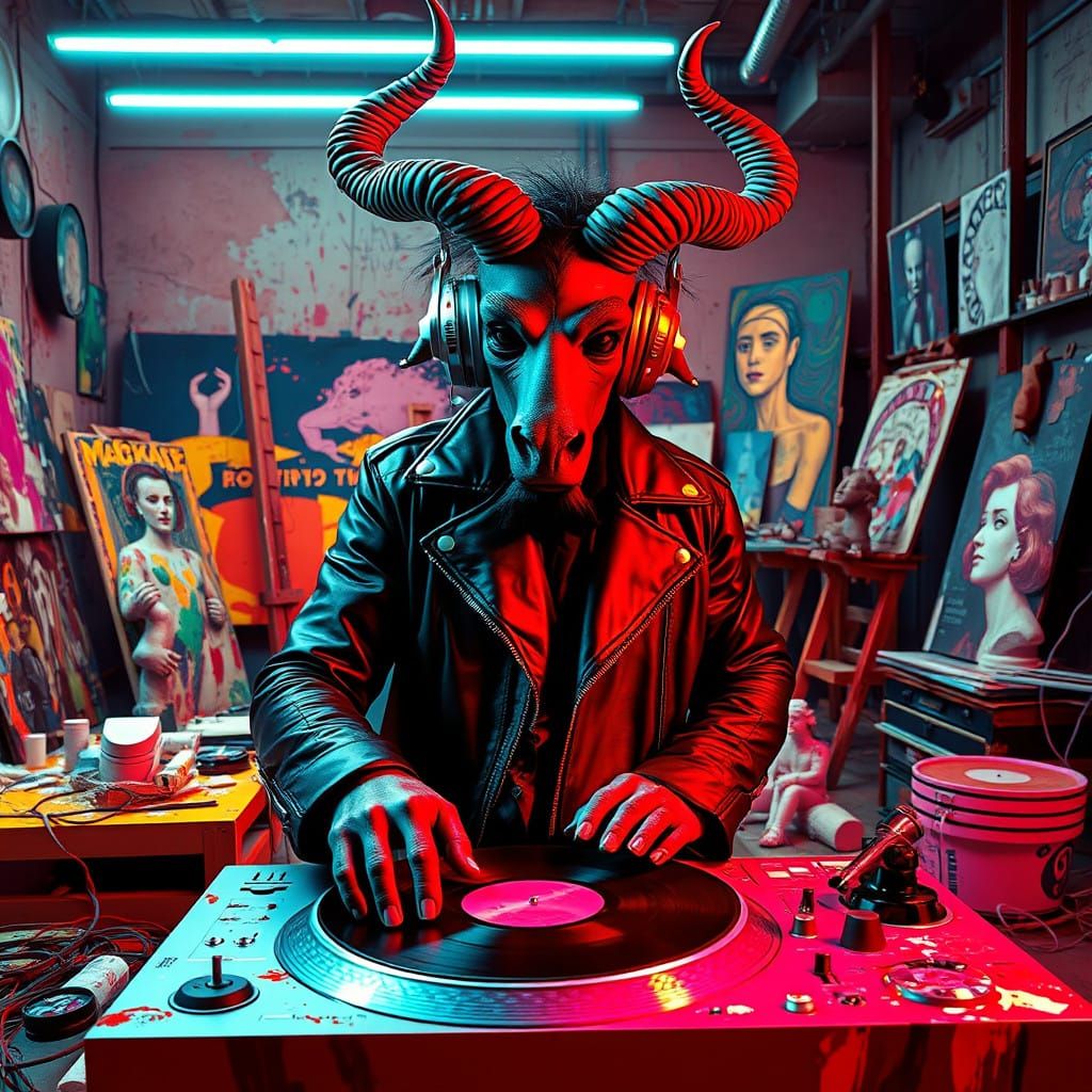 minotaur djing in Pablo Picasso's art studio with neon lights