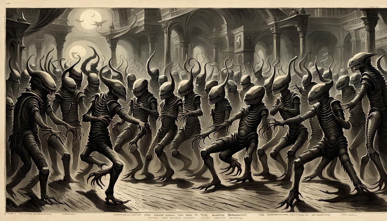 Xenomorphs dancing in the fest - AI Generated Artwork - NightCafe Creator