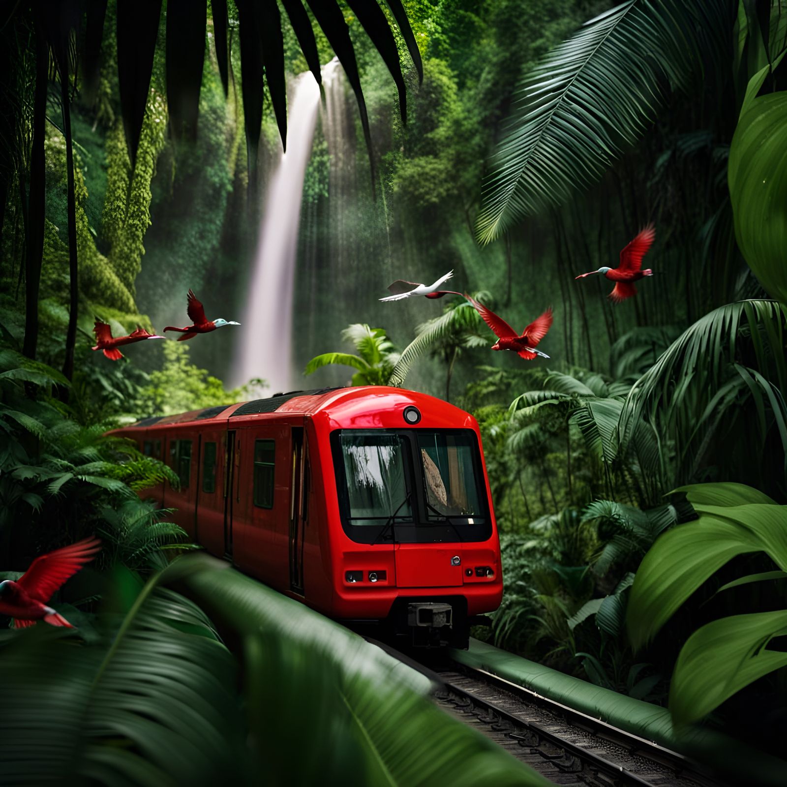 Photography of one Red metro train riding through the jungle with ...