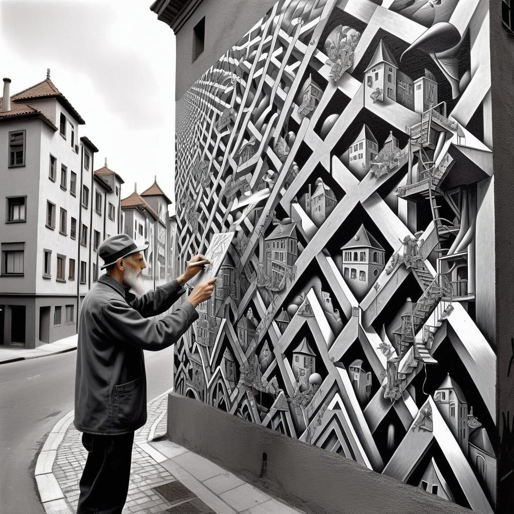 A captivating and surreal scene of M.C. Escher, the famous artist ...