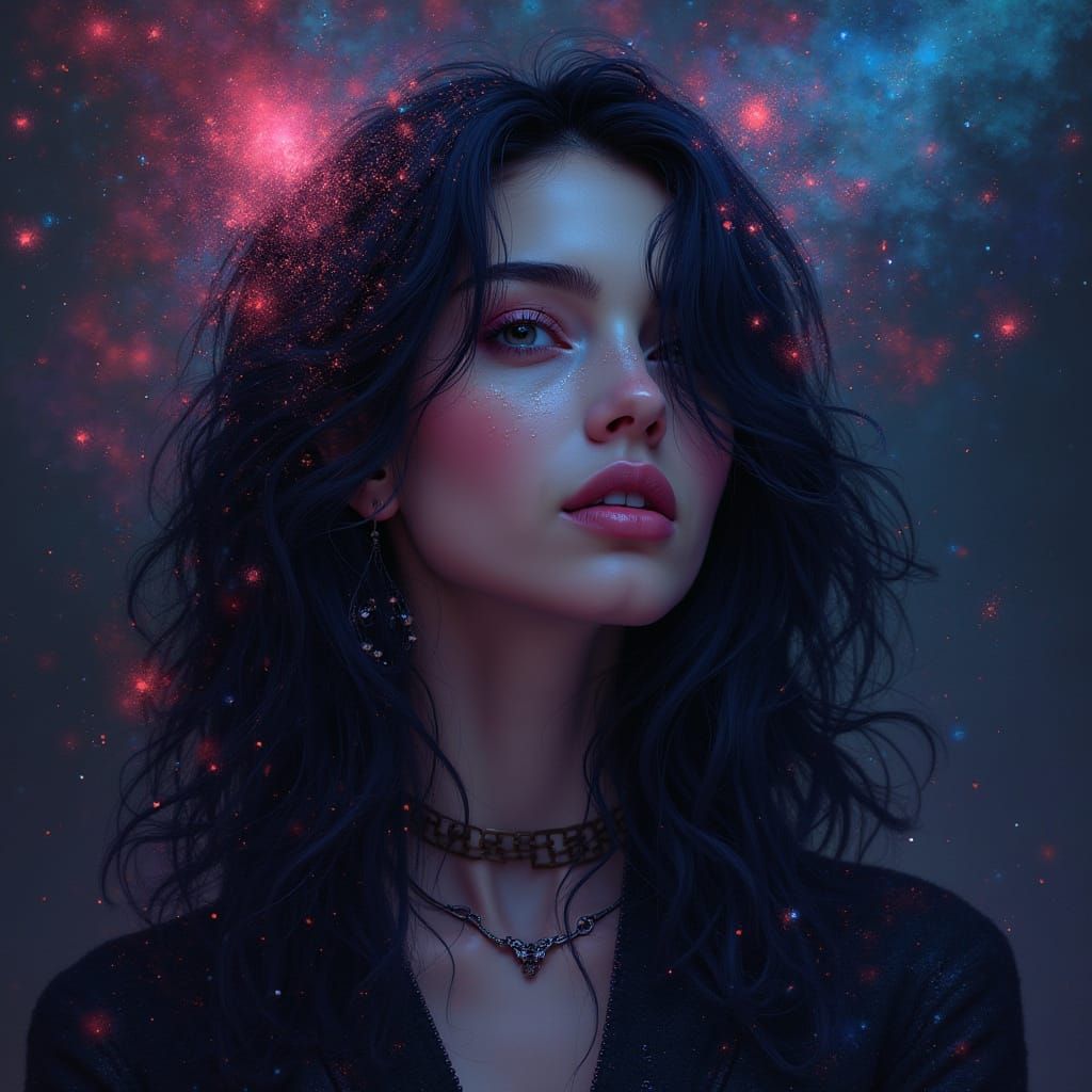 a cosmic beautiful raven haired woman portrait (Challenge)