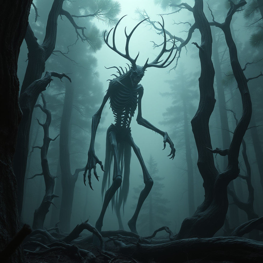 A wendigo in a dark pine Forest standing ominously between the trees ...