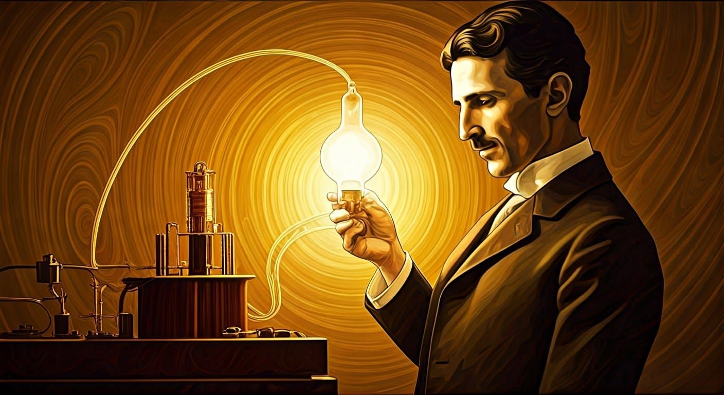 Nikola Tesla in his Lab, 1894, in the Style of Syd... - AI Art