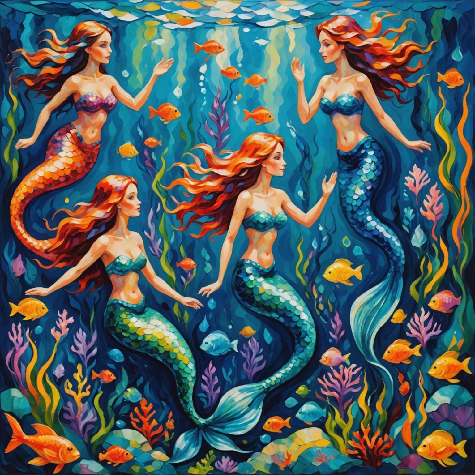 Mermaids in an aquarium in a photo shoot