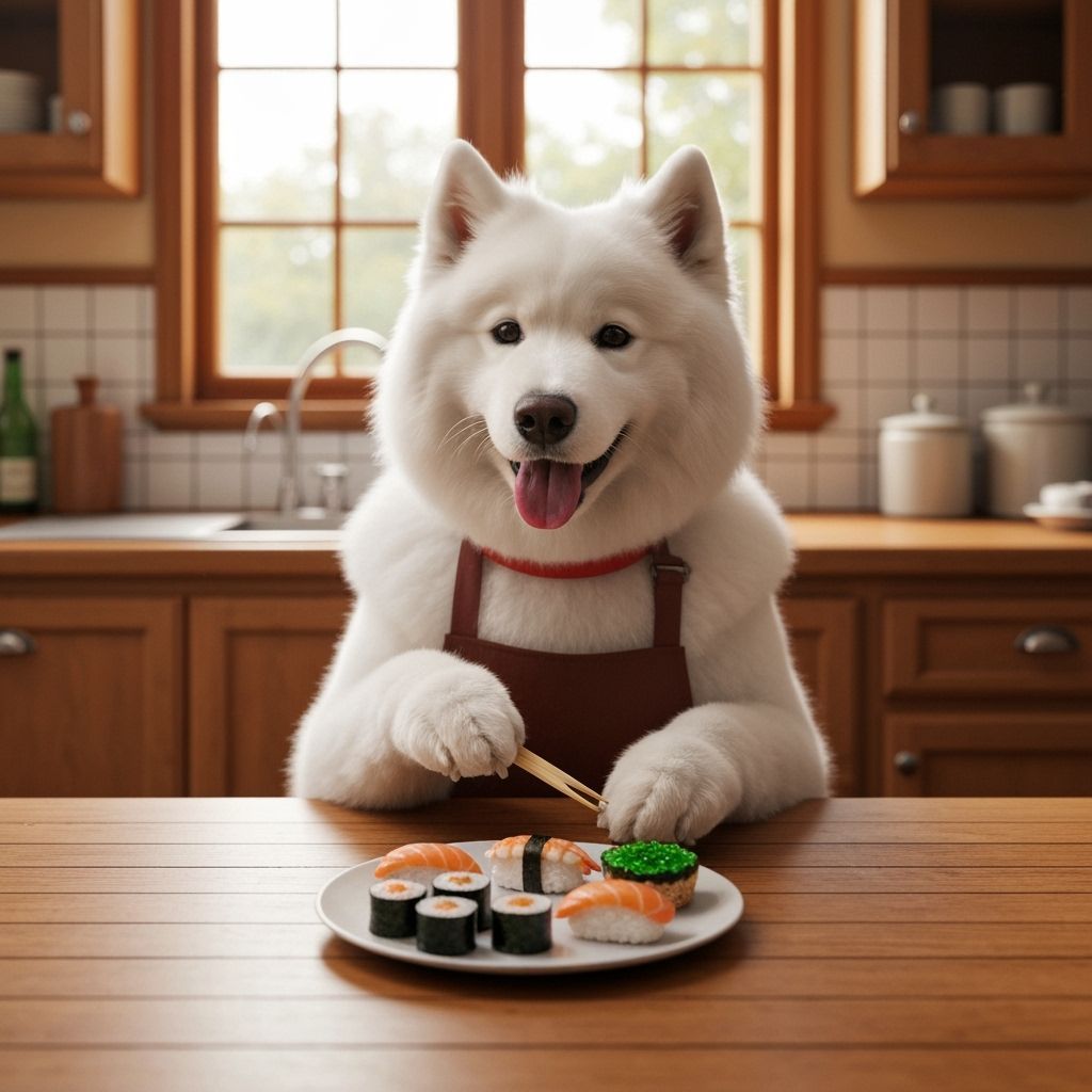 A cute samoyed cooking - Samoyed Dog Chef Creates Sushi, Whi...