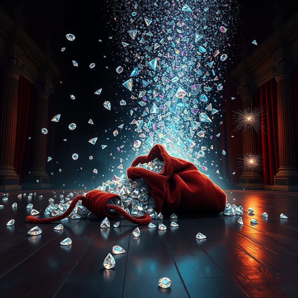 Diamond rain... - Diamonds Cascading from Velvet Sack on Gra...