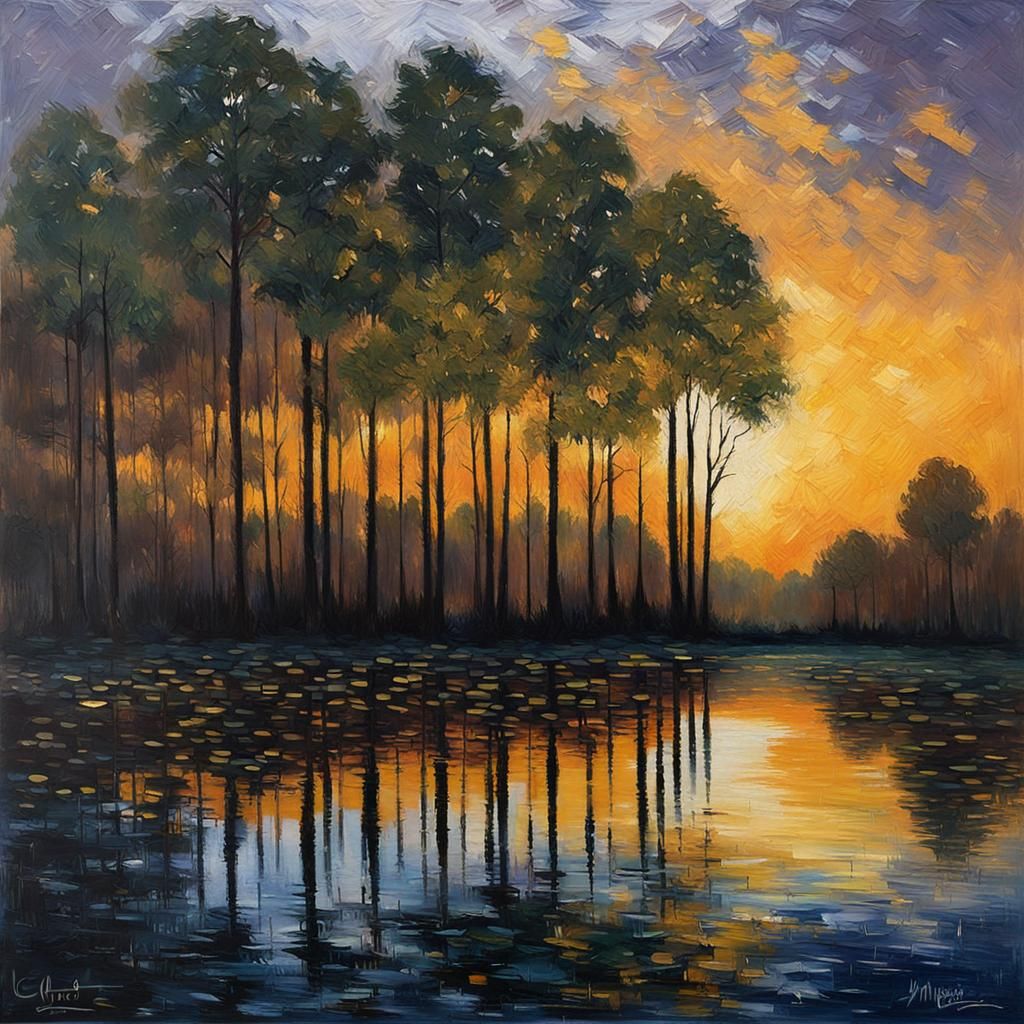 tall deciduous trees, wetland habitat, water reflection, backlit trees ...