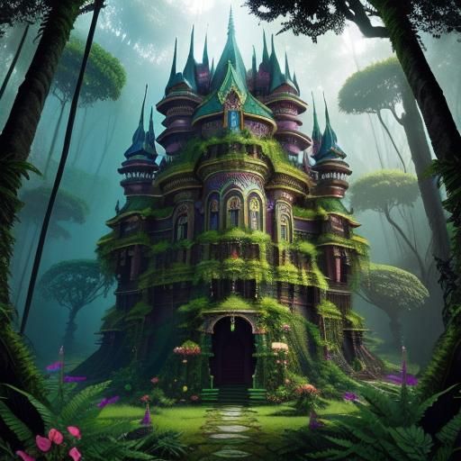 Psychedelic fantasy castle in the jungle trees flowers ferns Amazingly ...