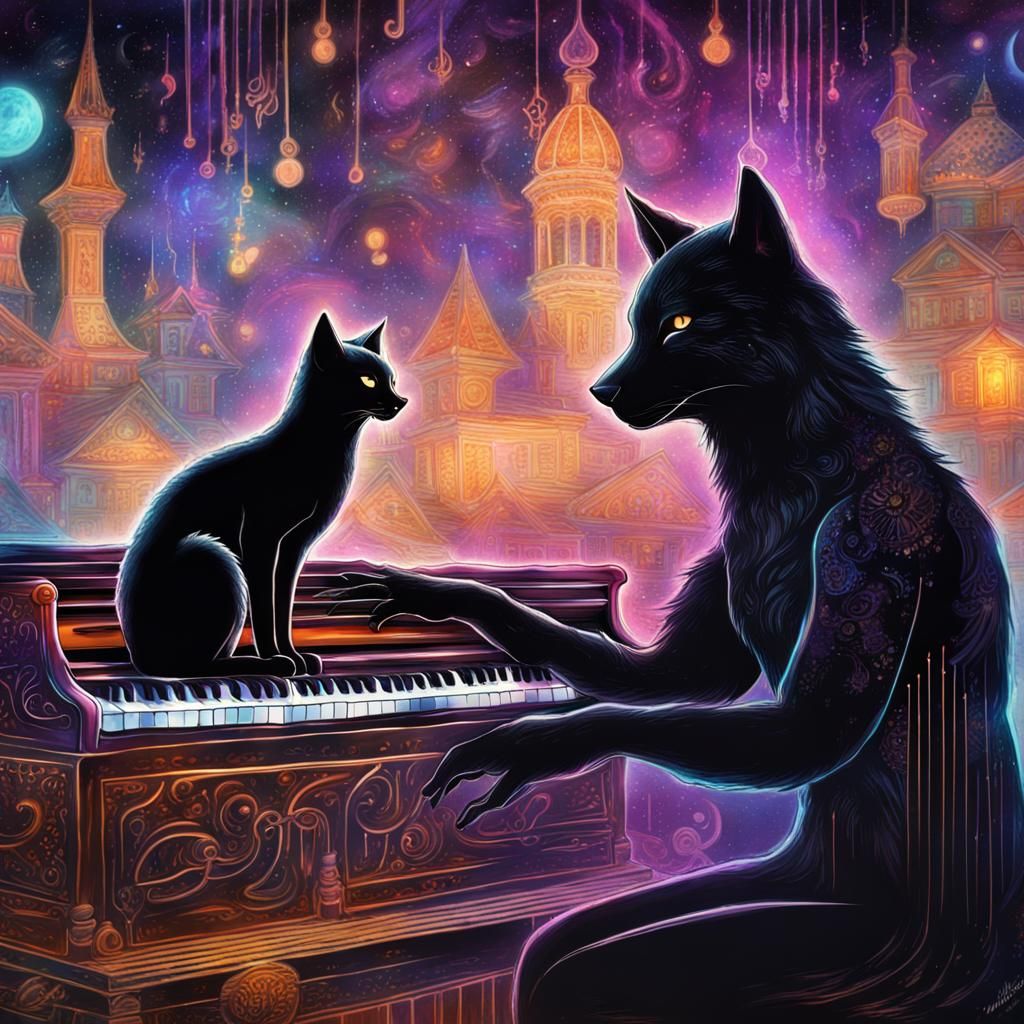 Piano music with Wolf & Cat - AI Generated Artwork - NightCafe Creator