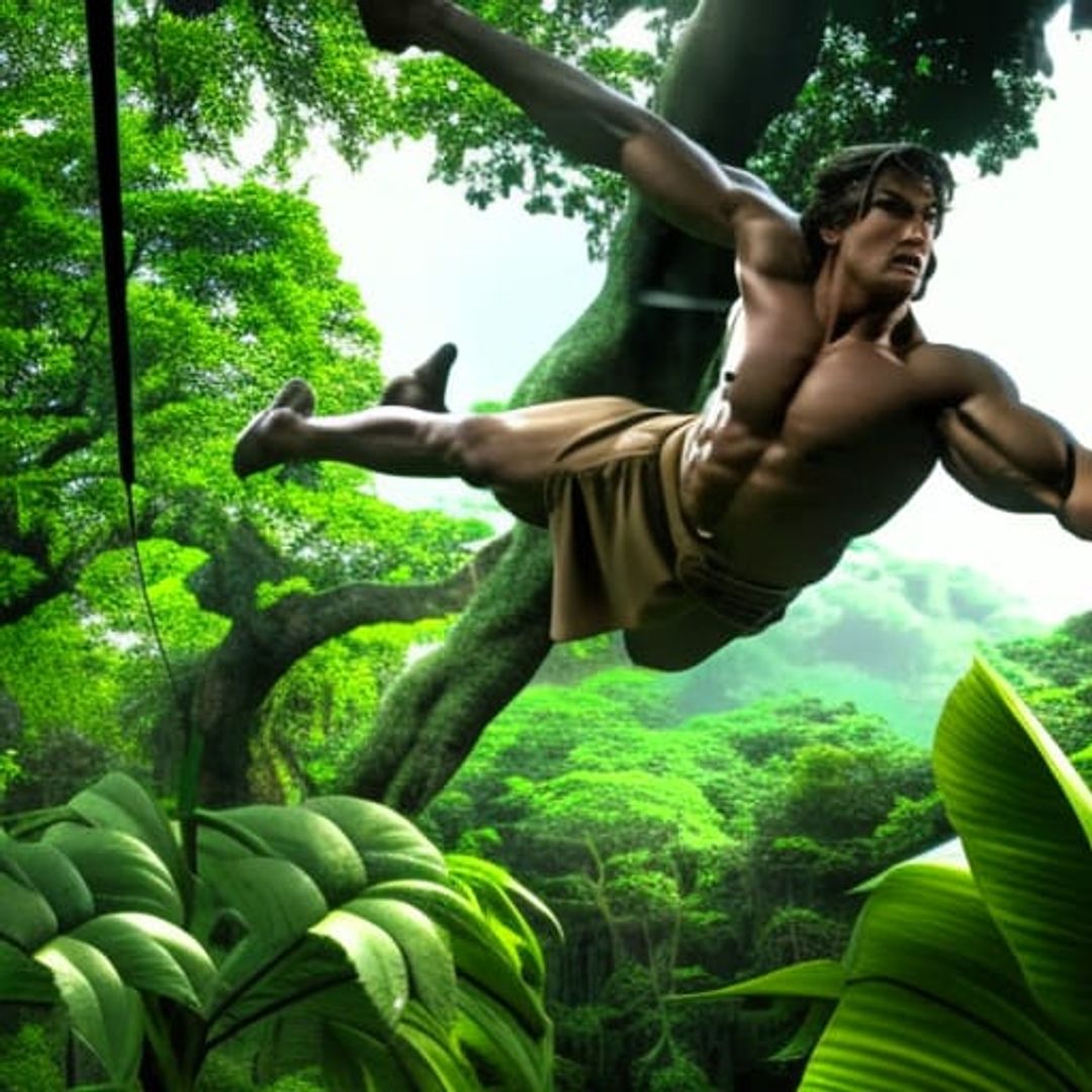 Accurately detailed photorealistic Tarzan swinging from a vine in the jungle - AI Generated ...