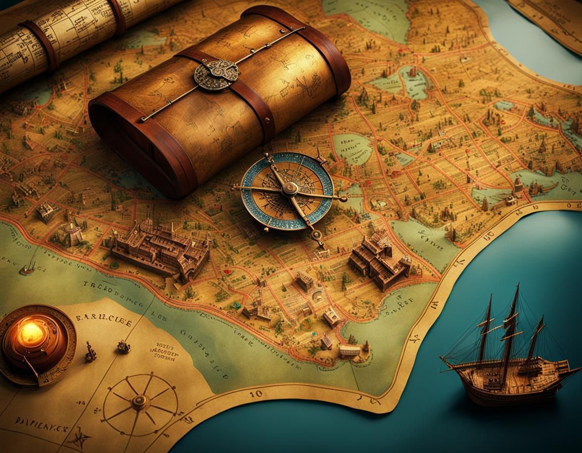 {{{A bold colourful render of an ancient treasure map overlaid ...