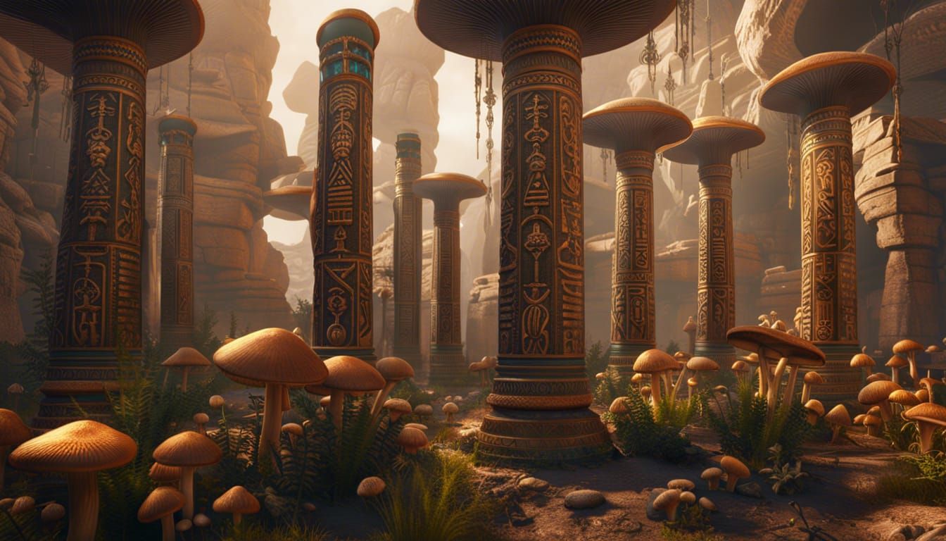 Mushrooms with hieroglyphics on stem Egypt columns detailed matte ...