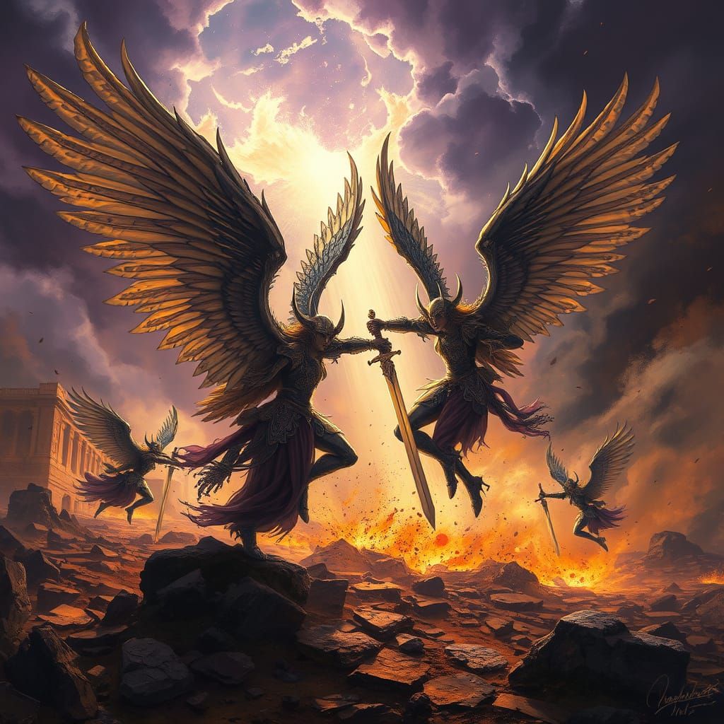 Epic Dark Fantasy Valkyries Clash in Sword Battle - AI Art