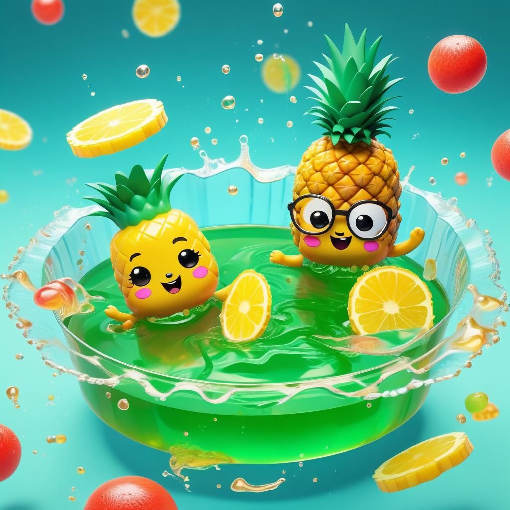 Chibi Pineapple swimming in green jello with a splash of fruit falling ...