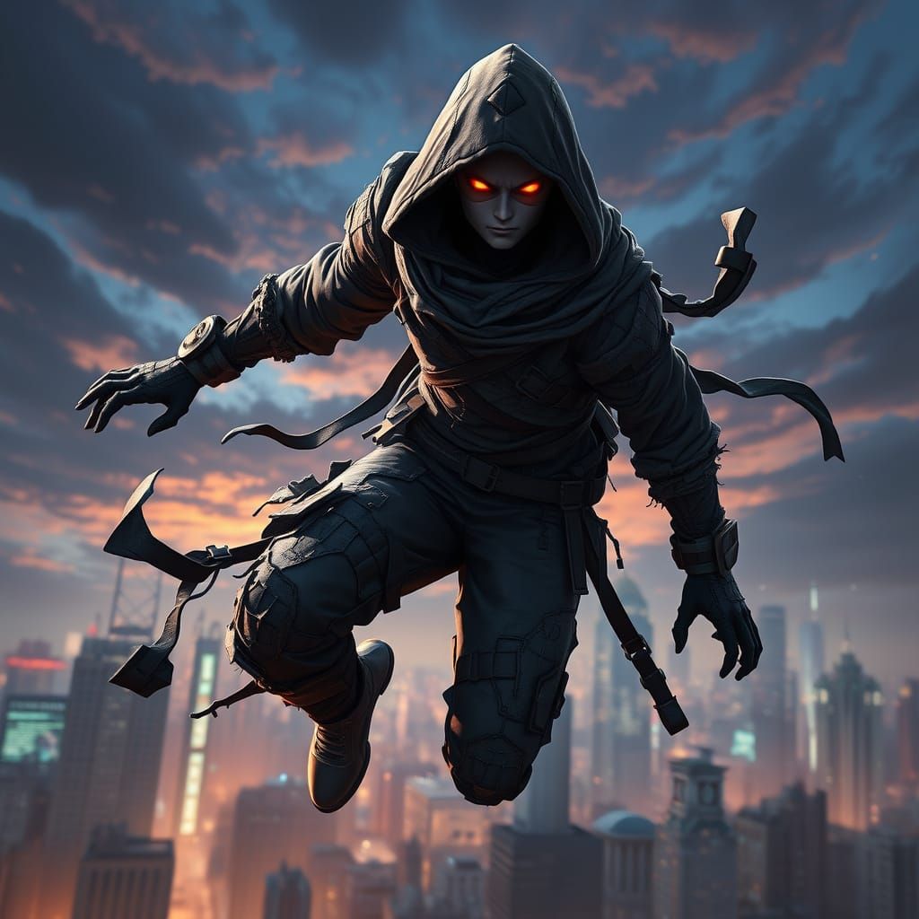 Dark Fantasy Superhero in Ragged Costume Leaps int... - AI Art