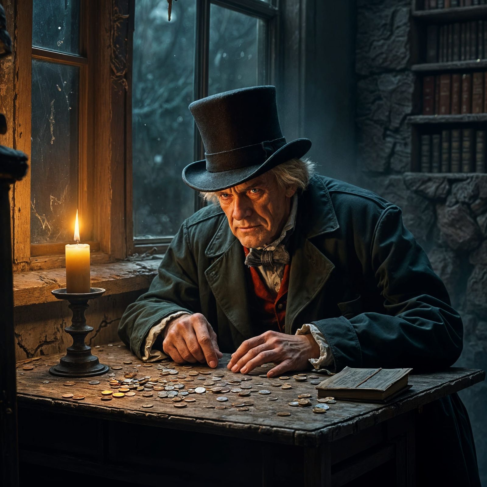 Ebenezer Scrooge sitting behind his old desk there is a melted candle ...