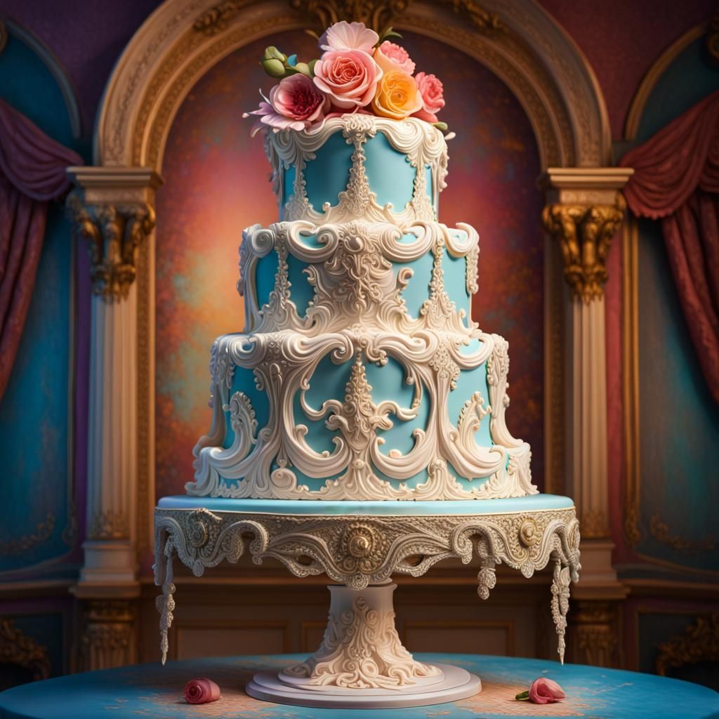 detailed rococo wedding cake, exaggerated icing, lace tiers, gourmet ...