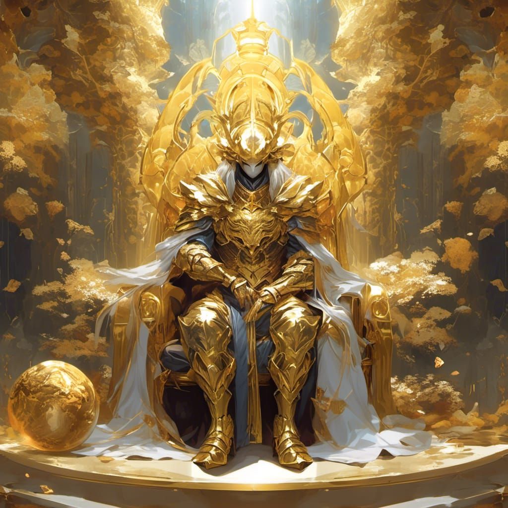 Imperious, god of creation and civilization, golden armor, sat upon ...