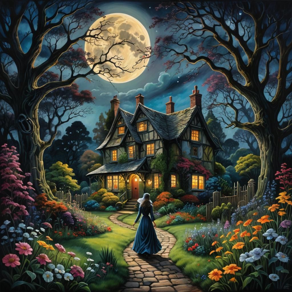 Ethereal Woman Strolls Through a Vibrant Moonlit E... - AI Art