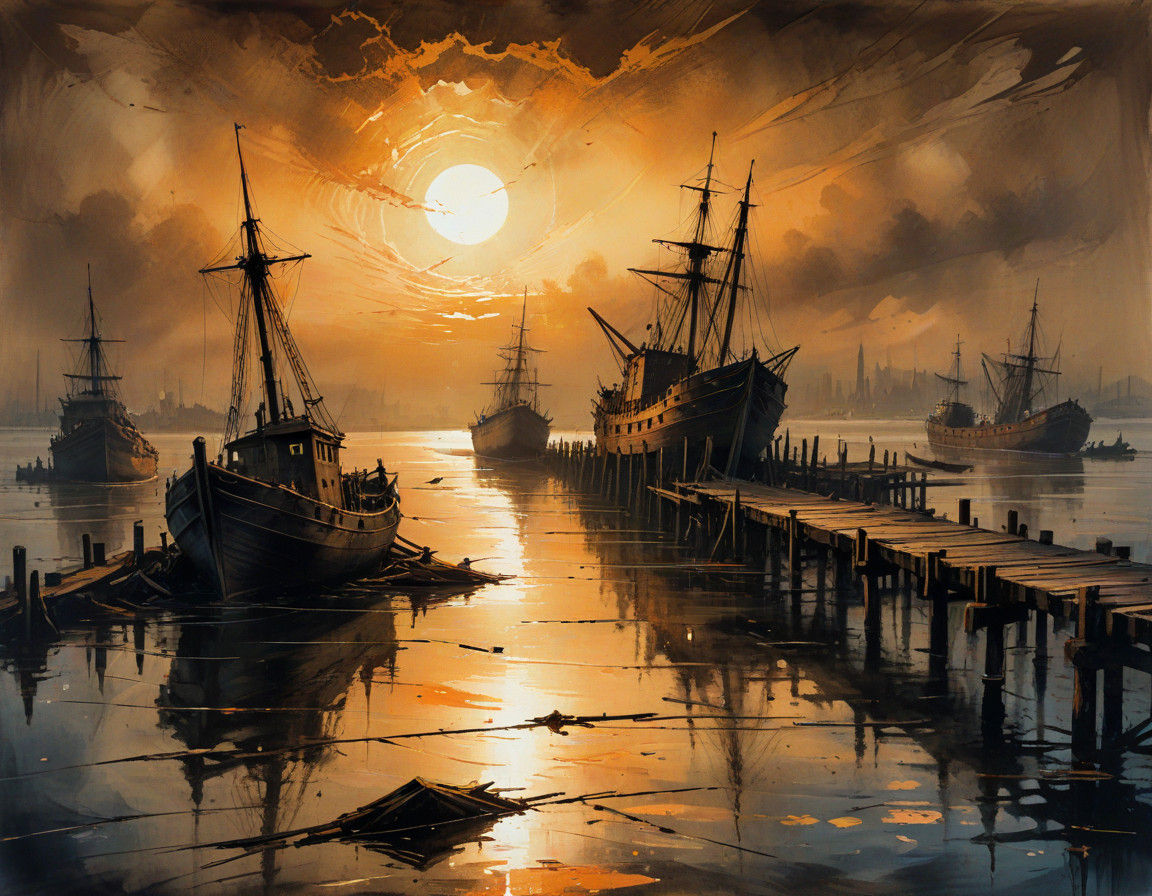 Elegant Sunset on a Forgotten Harbor, in Modern Eu... - AI Art
