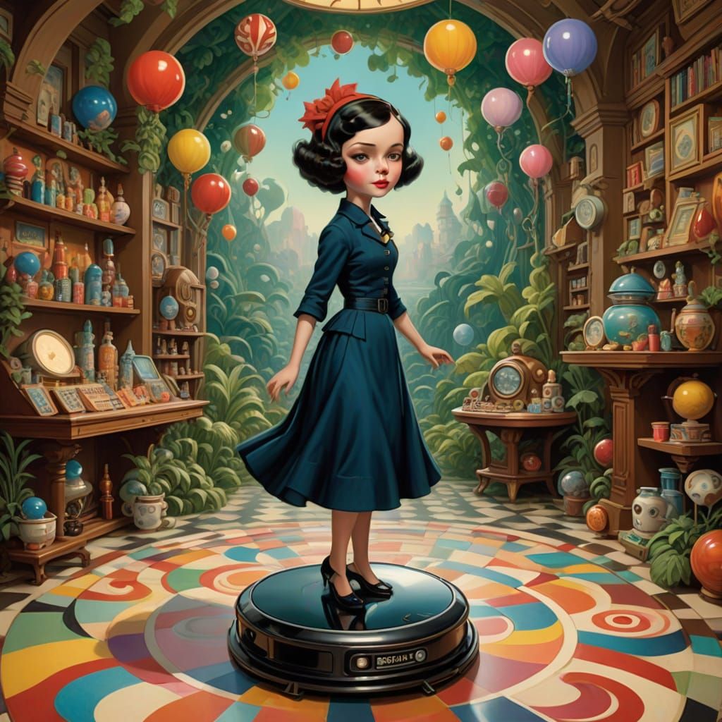 Vintage Flapper Woman Commands Retro Roomba in Whi... - AI Art