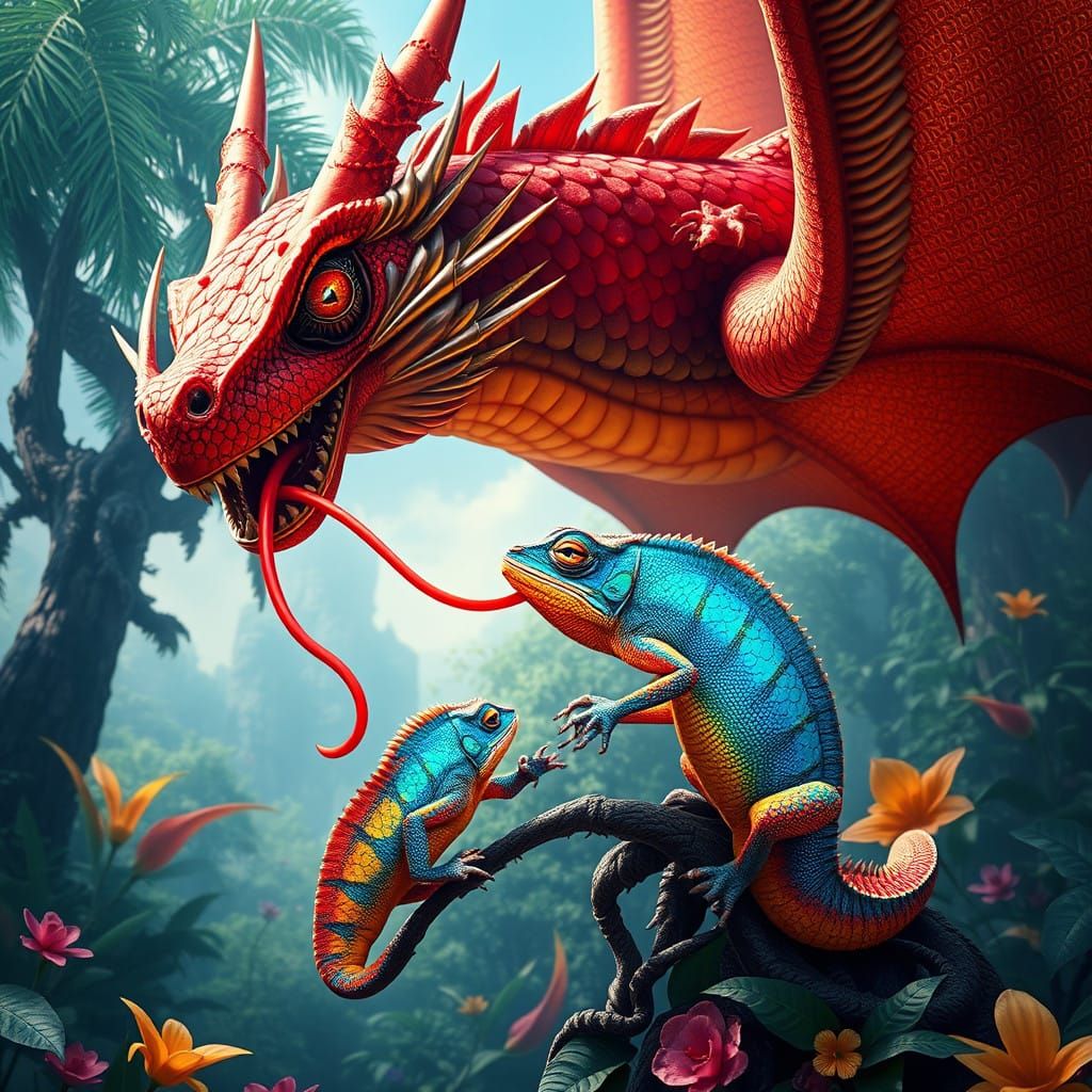 Iridescent Chameleon Meets Majestic Dragon in Whim... - AI Art