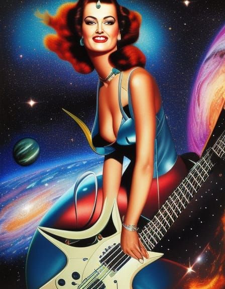 pinup sitting on a giant electric guitar through the space and galaxies portrait, 8k, hyper ...