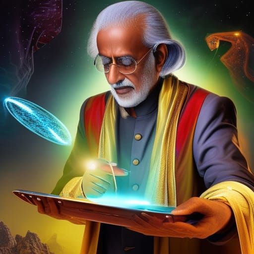 Old Indian magician working with glowing digital code of magical spells ...