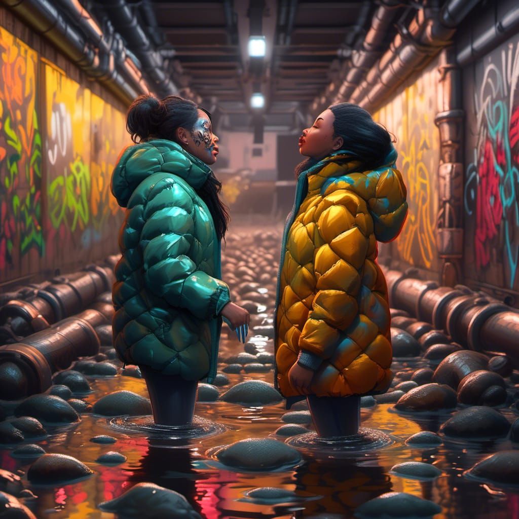 two women kiss in a sewer like pipeline. They are dynamic lighting ...