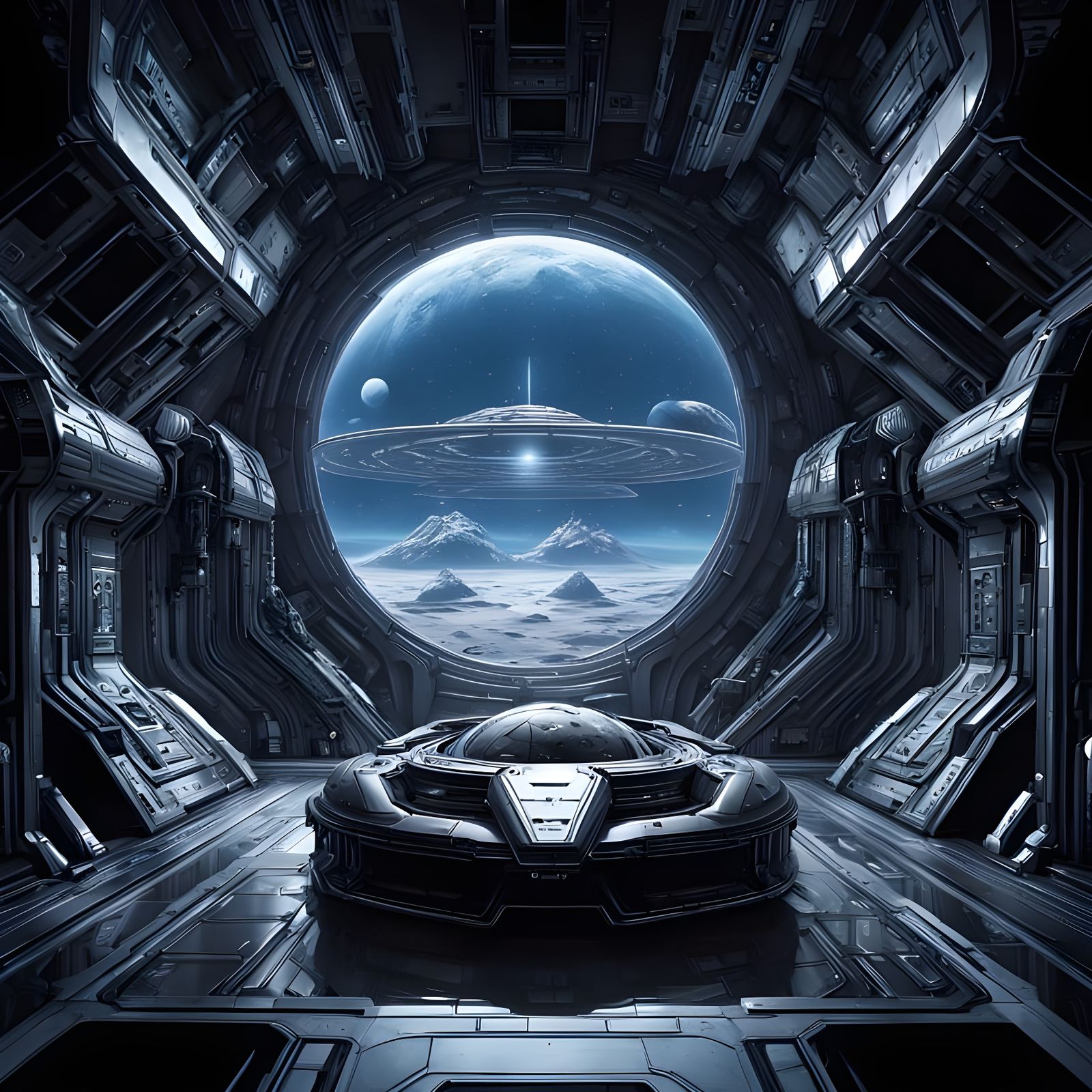 In the year 4999, a gigantic visible photo of gigantic spacecraft , intergalactic futuristic ...