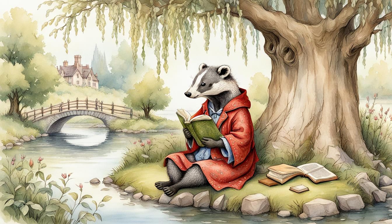 Mr Badger Reading by the Creek - AI Generated Artwork - NightCafe Creator
