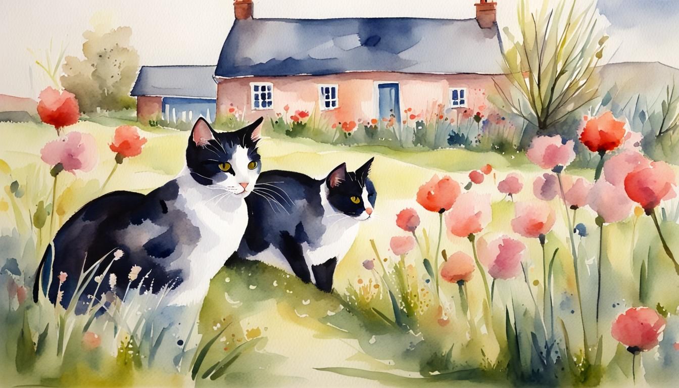 cottage cats outside spring fields watercolour - AI Generated Artwork ...